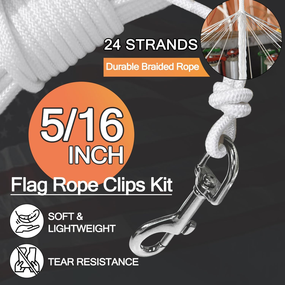 Upgraded Flag Pole Rope Clips Kit 100Ft,5/16” Flag Halyard Rope with ...