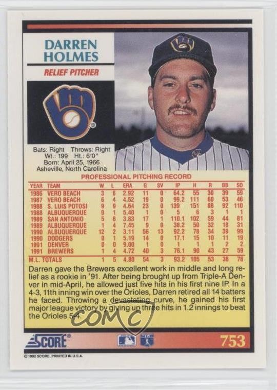 1992 Score Darren Holmes (Rookie Prospect on Front) #753 | eBay