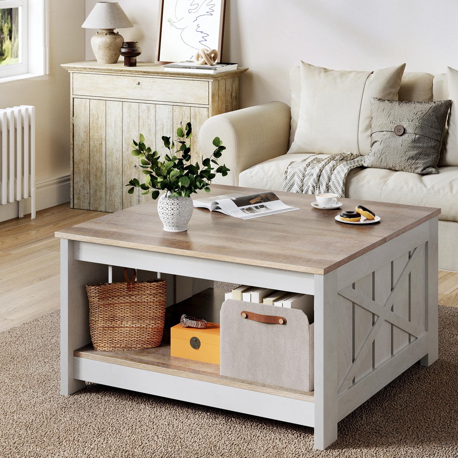 Square Coffee Table with 2-Tier Storage Farmhouse Cocktail Table for ...