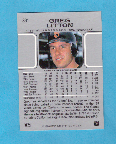 1990 Leaf Baseball card #331 Greg Litton Giants | eBay