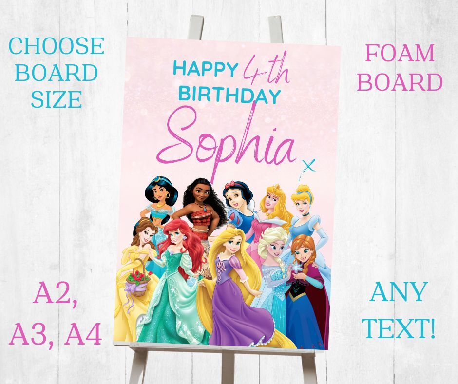 Personalised Disney Princesses Printed Foam Board Event Sign BIRTHDAY ...