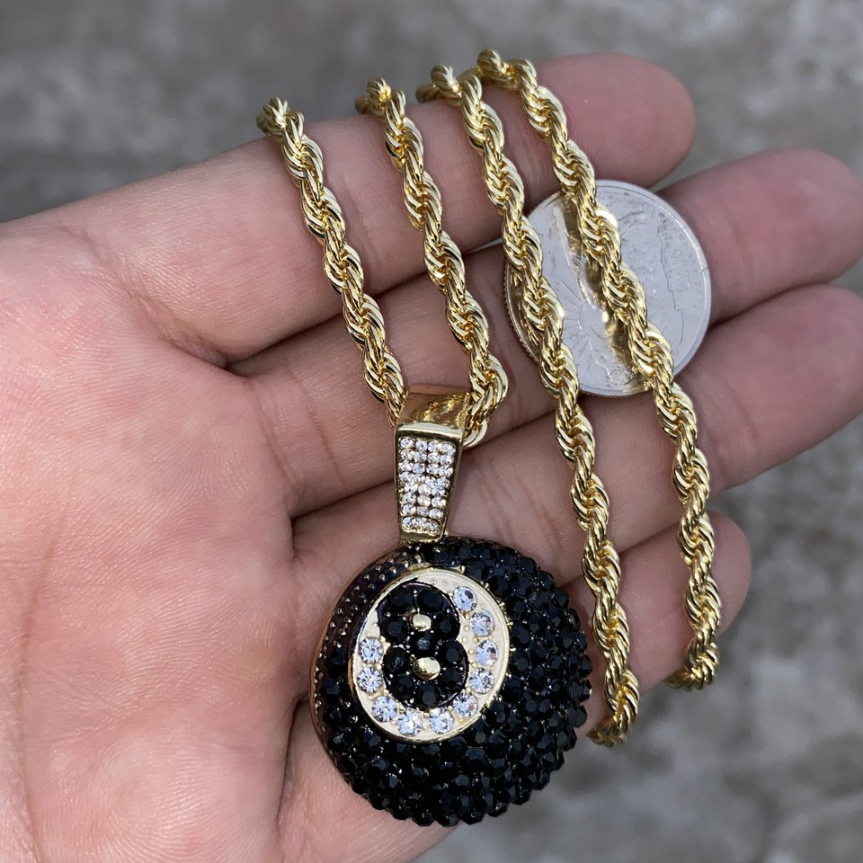 14k Gold Plated Black 8 Eight Ball Rope Chain Pool Simulated CZ ...