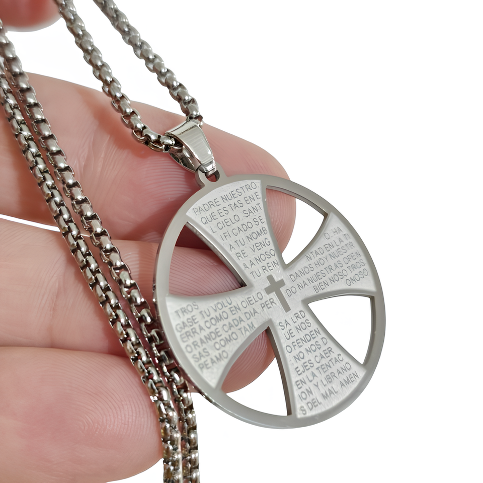 Lords Prayer Cross Pendant Necklace Templar Spanish Script Steel 22 ...