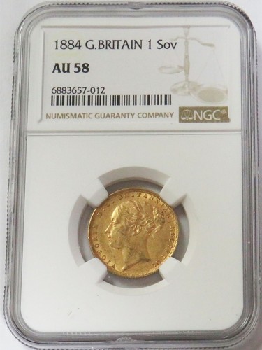 1884 GOLD GREAT BRITAIN YOUNG HEAD ST. GEORGE SOVEREIGN NGC ABOUT UNC ...
