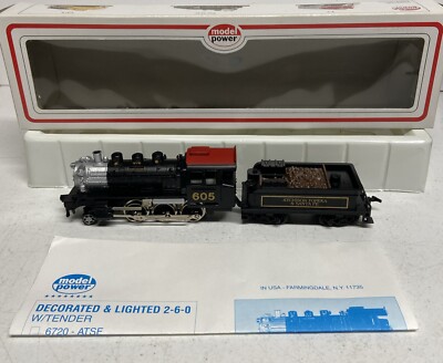 Model Power HO 2-6-0 Locomotive & Tender ATSF 605 Model No. 6720 AS-IS ...