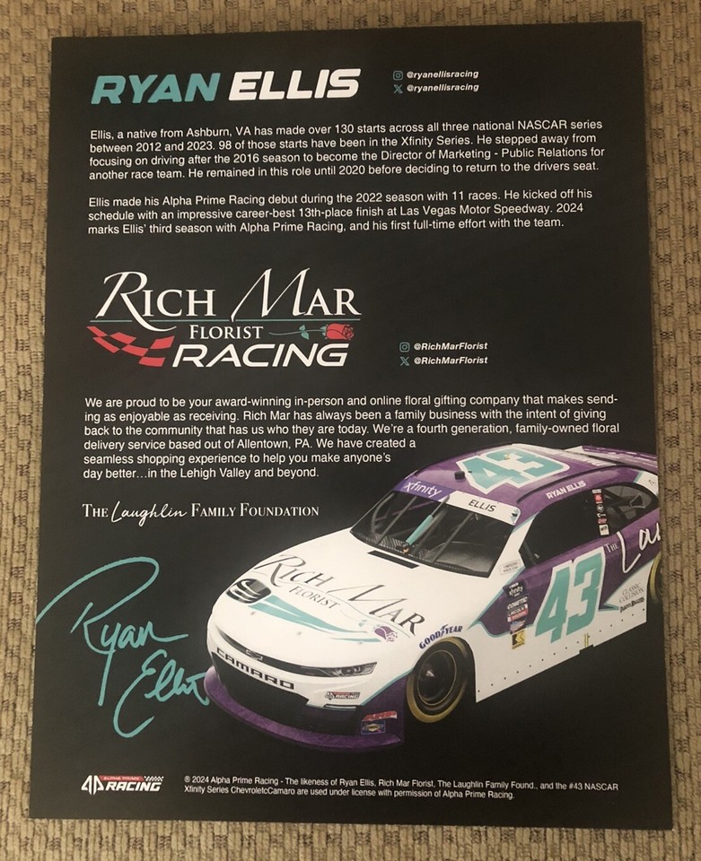 Nascar Xfinity Driver #43 Ryan Ellis Rich Mat Florist 2024 Postcard | eBay
