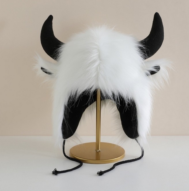 Winter Men Fur Ear Flap Hat Cap Trapper Fleece Funny Cow Horn Ear Party ...