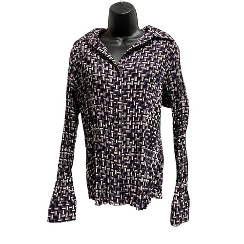 Apt 9. Stretch Purple White Black Geometric Runched Button Up - Large ...