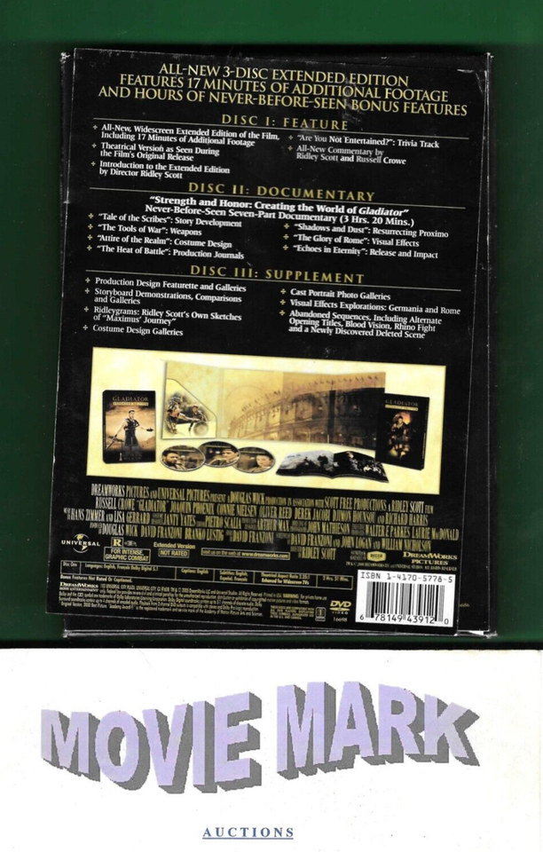"GLADIATOR" 2000 Universal 💀 Extended Edition DVD 3 Disc set Russell ...