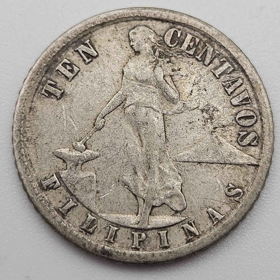 1908-S 10 Centavos VF Philippines US San Francisco Mint Silver Coin Ten ...