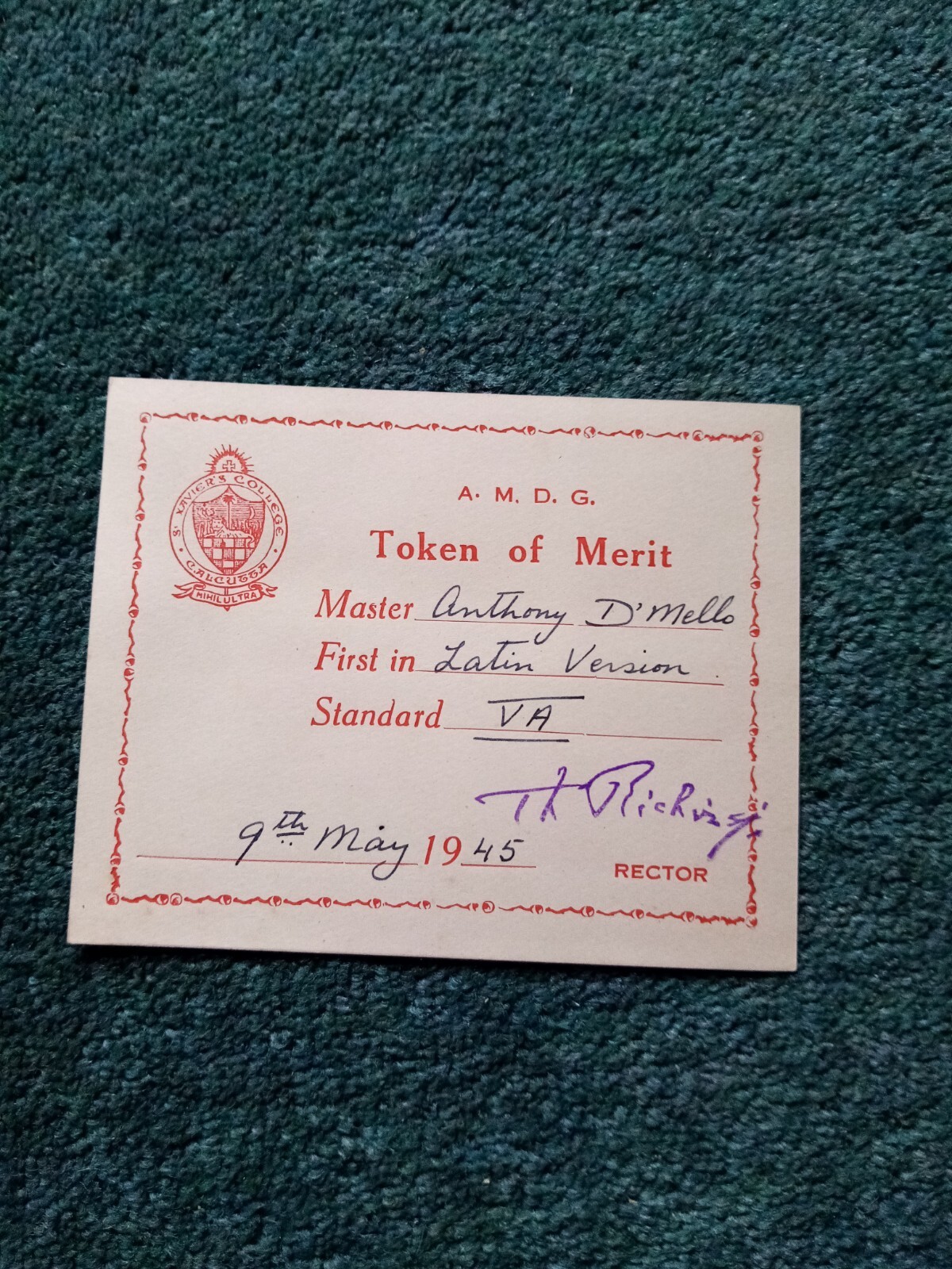 El100 st xavier's college calcutta token of merit card 1945 | eBay UK