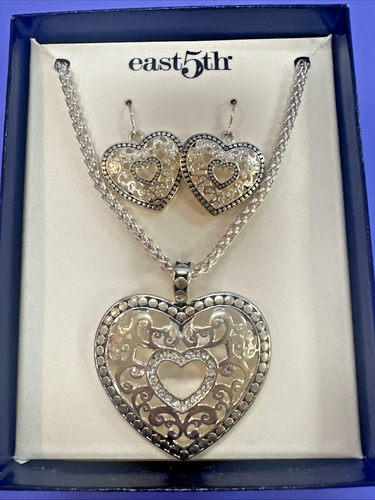 East 5th Heart Pendant Necklace & Earring Set Silver Tone Filigree ...