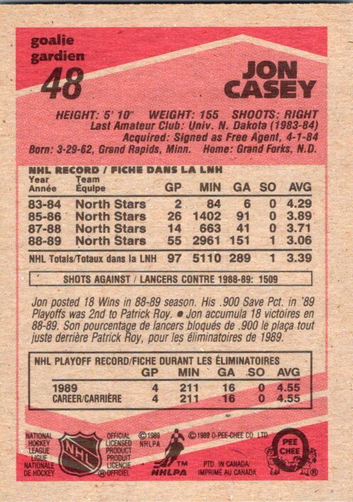 1989-90 O-Pee-Chee #48 Jon Casey | eBay
