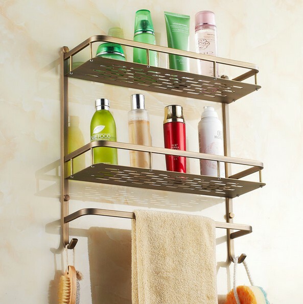 Antique Brass Wall Mounted Two-tier Bathroom Storage Rack with Hooks ...
