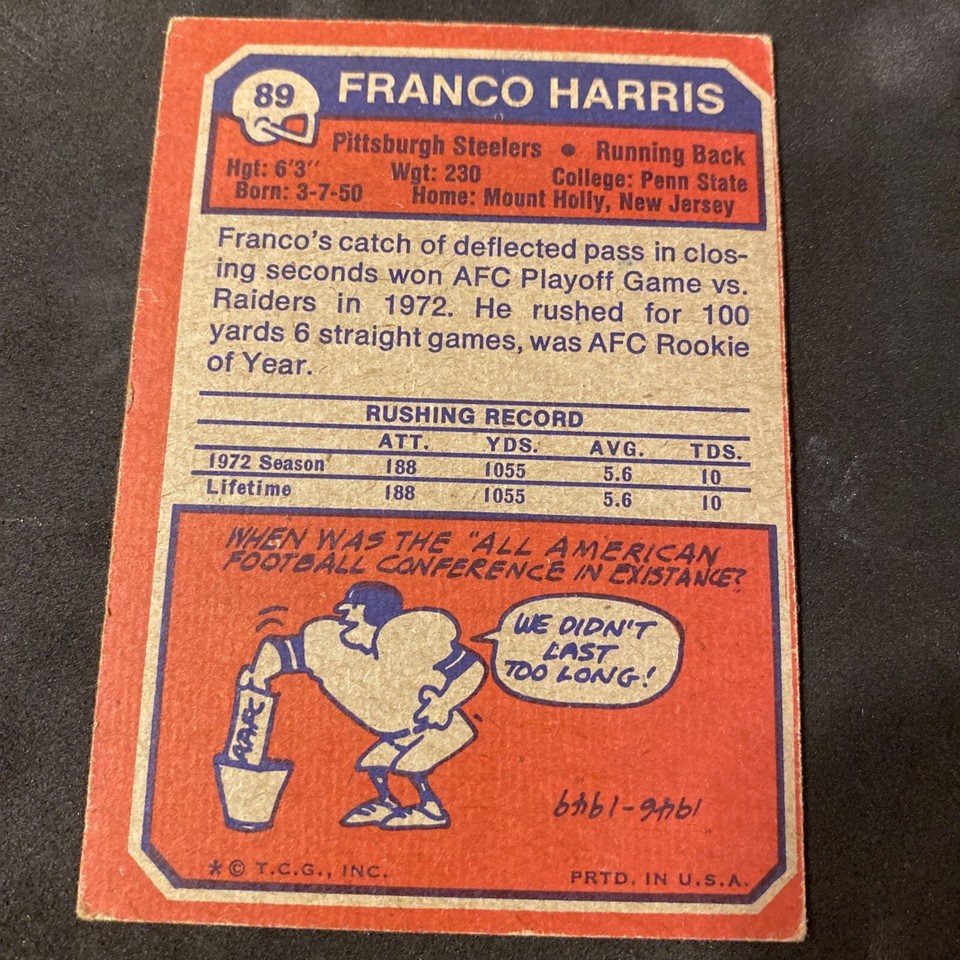 1973 TOPPS FOOTBALL #89 FRANCO HARRIS Rookie Card Pittsburgh Steelers ...