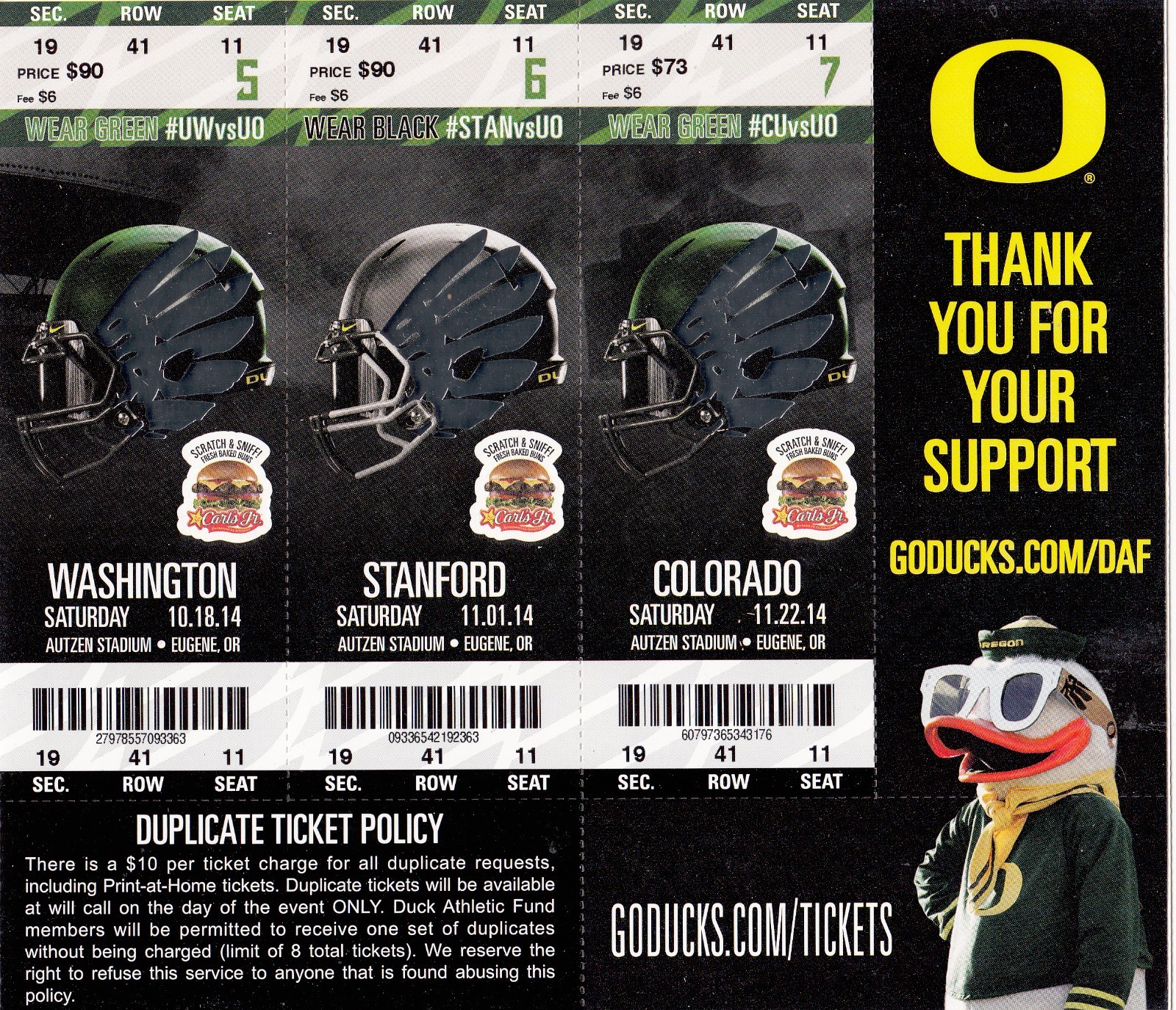 2014 OREGON DUCKS FULL UNUSED COLLEGE FOOTBALL SEASON TICKET STUB STRIP ...
