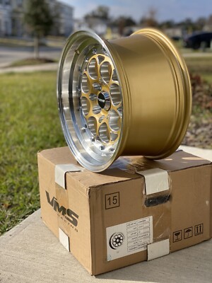 VMS Revolver Gold Polished Lip Drag Wheel 15x8 4X100 and 4x114.3 SET OF ...