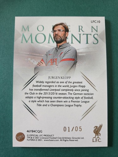FUTERA 2021 LIVERPOOL MODERN MOMENTS JURGEN KLOPP LFC10 CARD #'d 1 of 5 ...