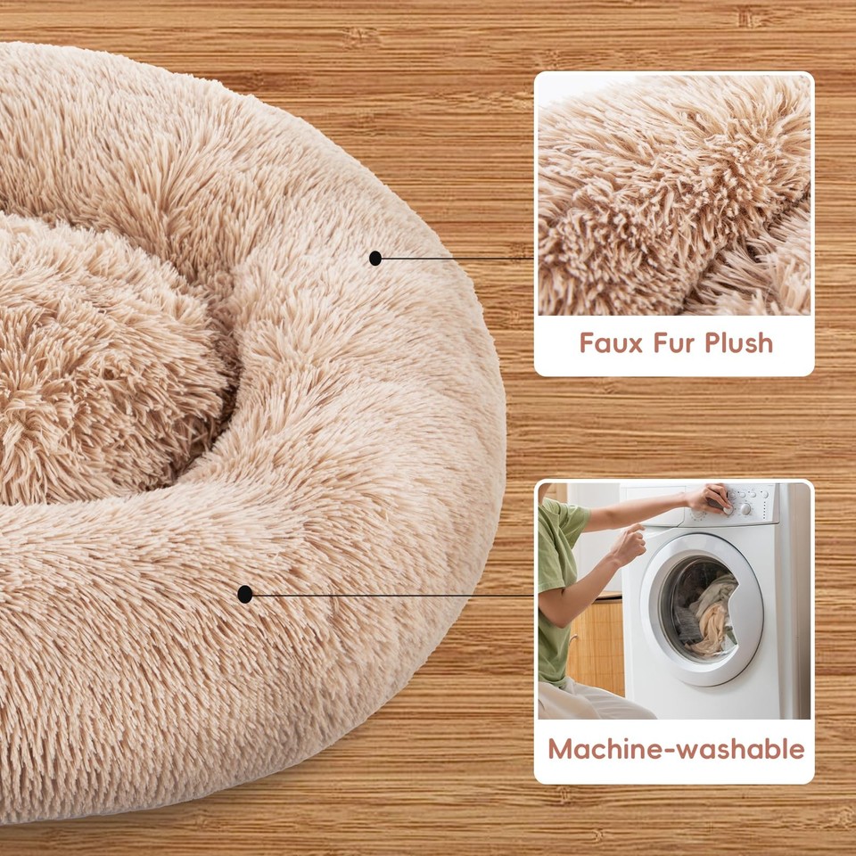 24 Inch Calming Donut Dog Bed, Brown, Washable, Plush Fur, Cuddle ...