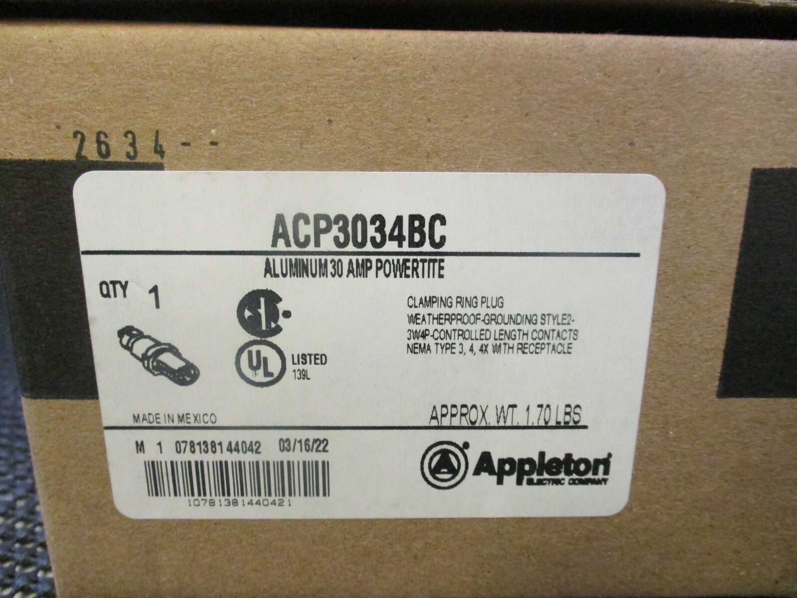 NEW APPLETON ACP3034BC 30 AMP 3W 4P PLUG MATES W/ ADR3034 *SAME DAY ...