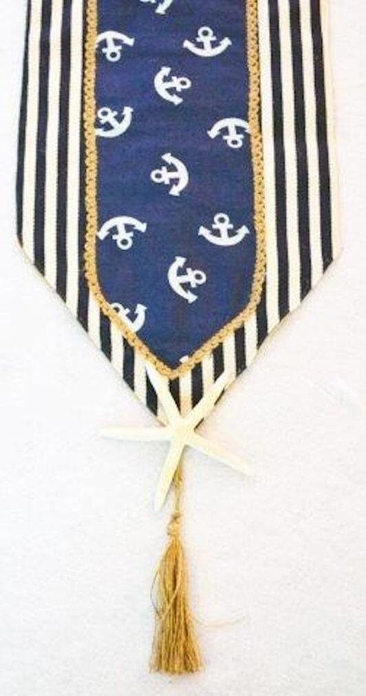 Burlap & Blue Fabric Nautical Anchors Print Table Runner Tassels ...
