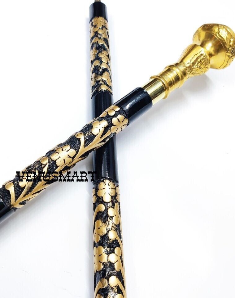 Antique Brass Designer Compass Head Handle Wooden Walking Stick Cane ...