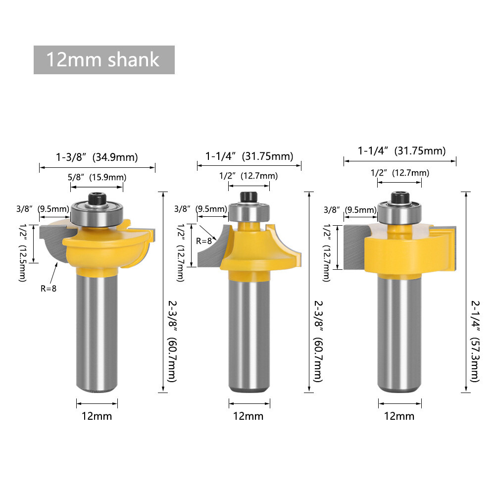 3PCS for Door Window Profile Coping Rabbet Router Bit 12mm 1/2 Shank ...