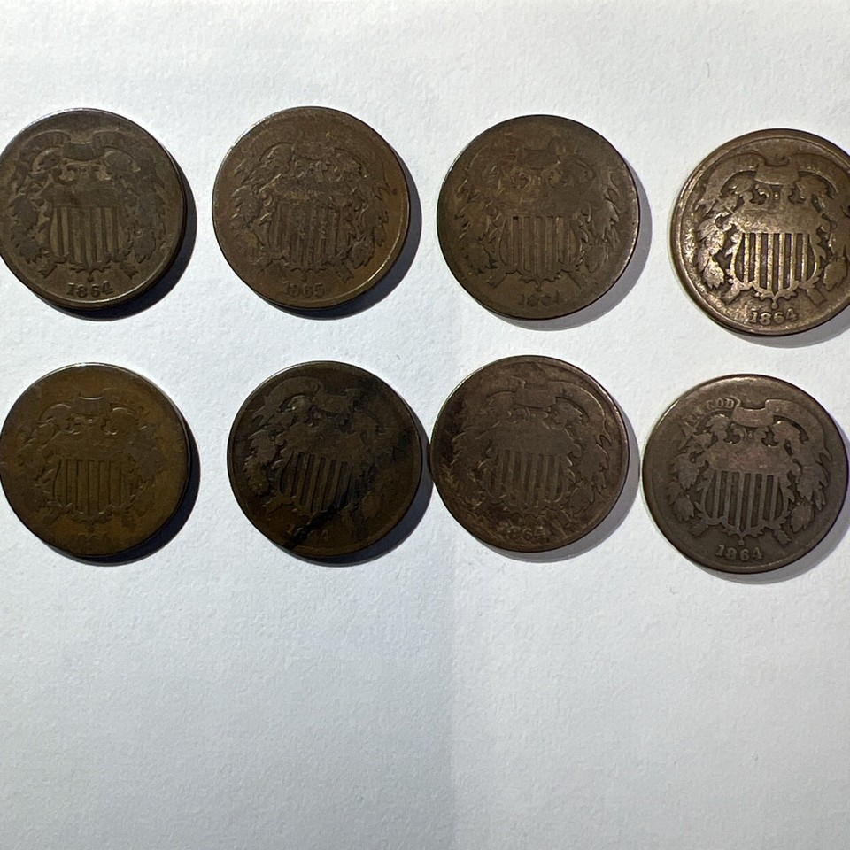 (12) 1864 , 1865, 1870 Philadelphia Mint Copper Two Cent Coin Coins Lot ...