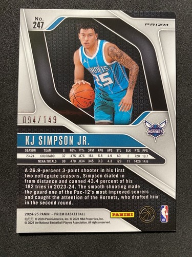 Kj Simpson Jr 2024-25 Panini Prizm /149 Purple Ice Charlotte Hornets ...