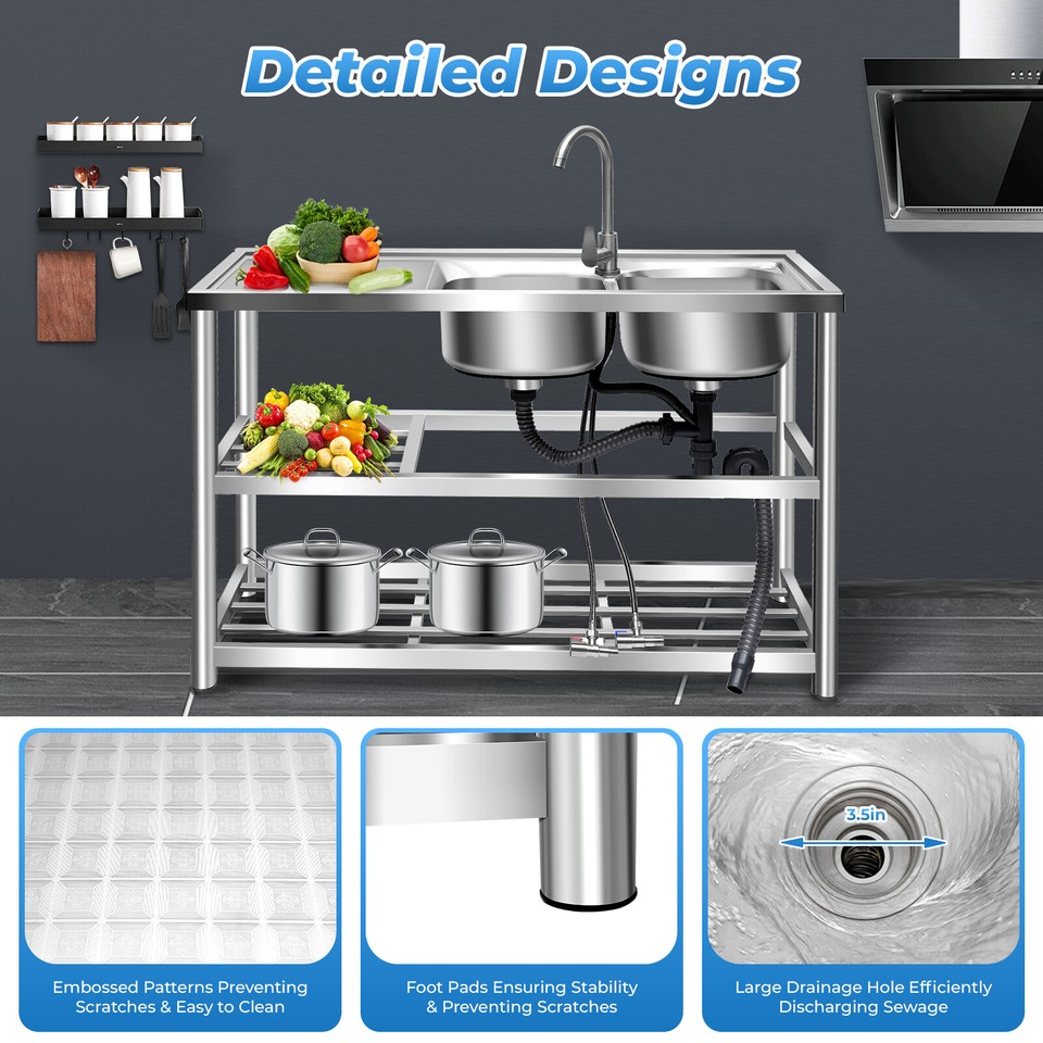 Commercial Stainless Steel 2 Compartment Sinks Utility Deep Sink + Prep ...