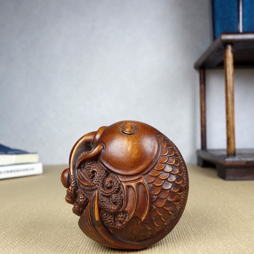 Asian Hand Carved Boxwood Netsuke Figurine cute Fish fengshui Carp ...