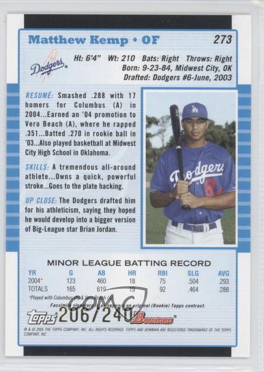2005 Bowman First Year White 206/240 Matt Kemp Matthew Kemp #273 0f8 ...