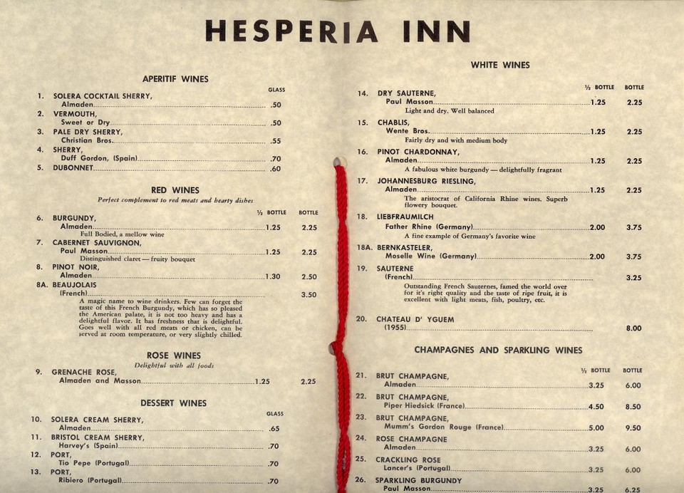 VINTAGE Wine List Menu "HESPERIA INN CALIFORNIA" Fancy | eBay