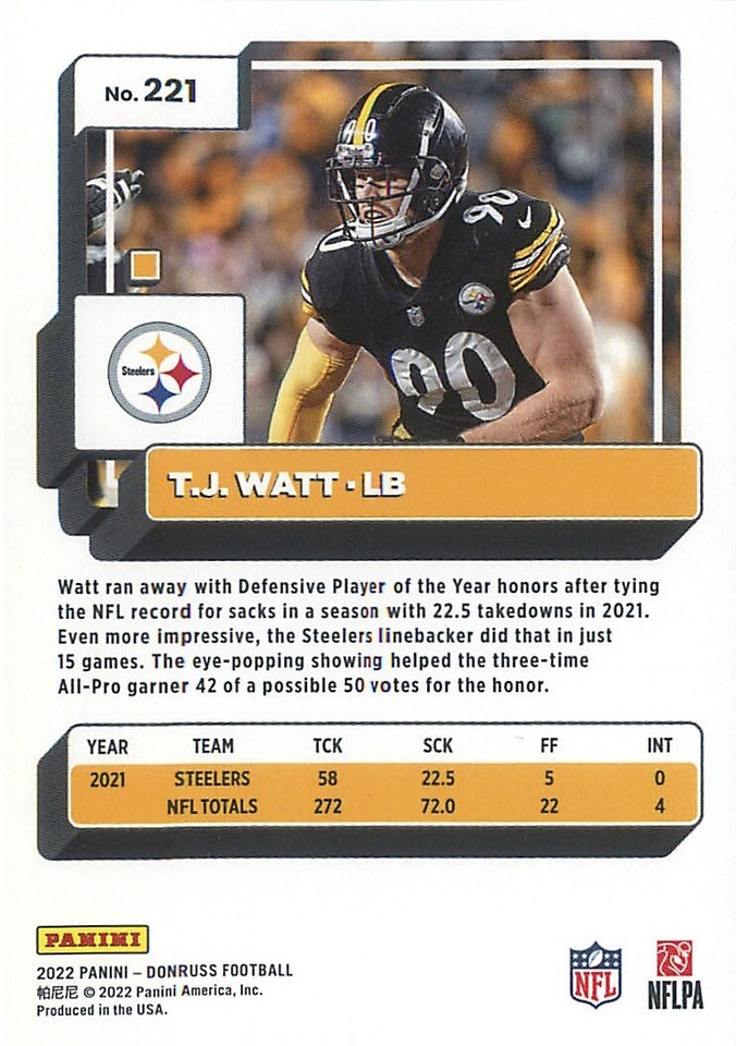 T.J. Watt 2022 Panini Donruss Football NFL Base Card #221 Pittsburgh ...