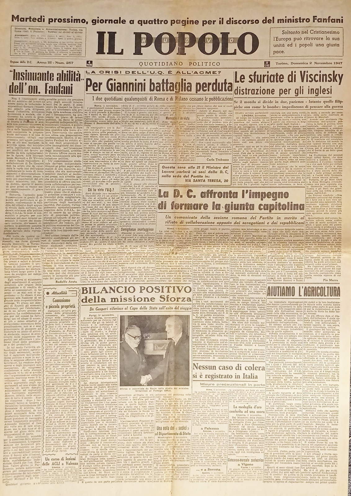 Quotidiano - Il Popolo Nuovo N. 257 - 1947 Per Giannini battaglia ...