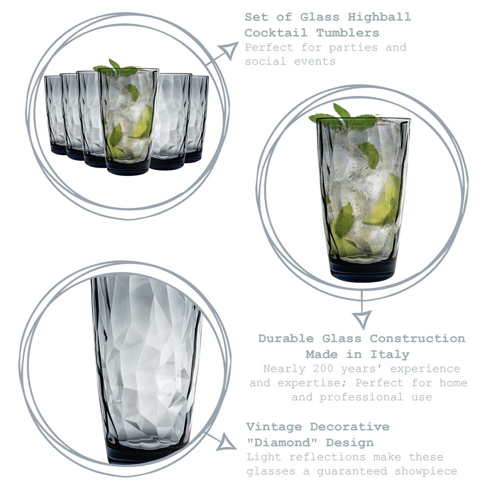 Bormioli Rocco 6x Diamond Highball Glasses Dimpled Water Tumblers 470ml ...