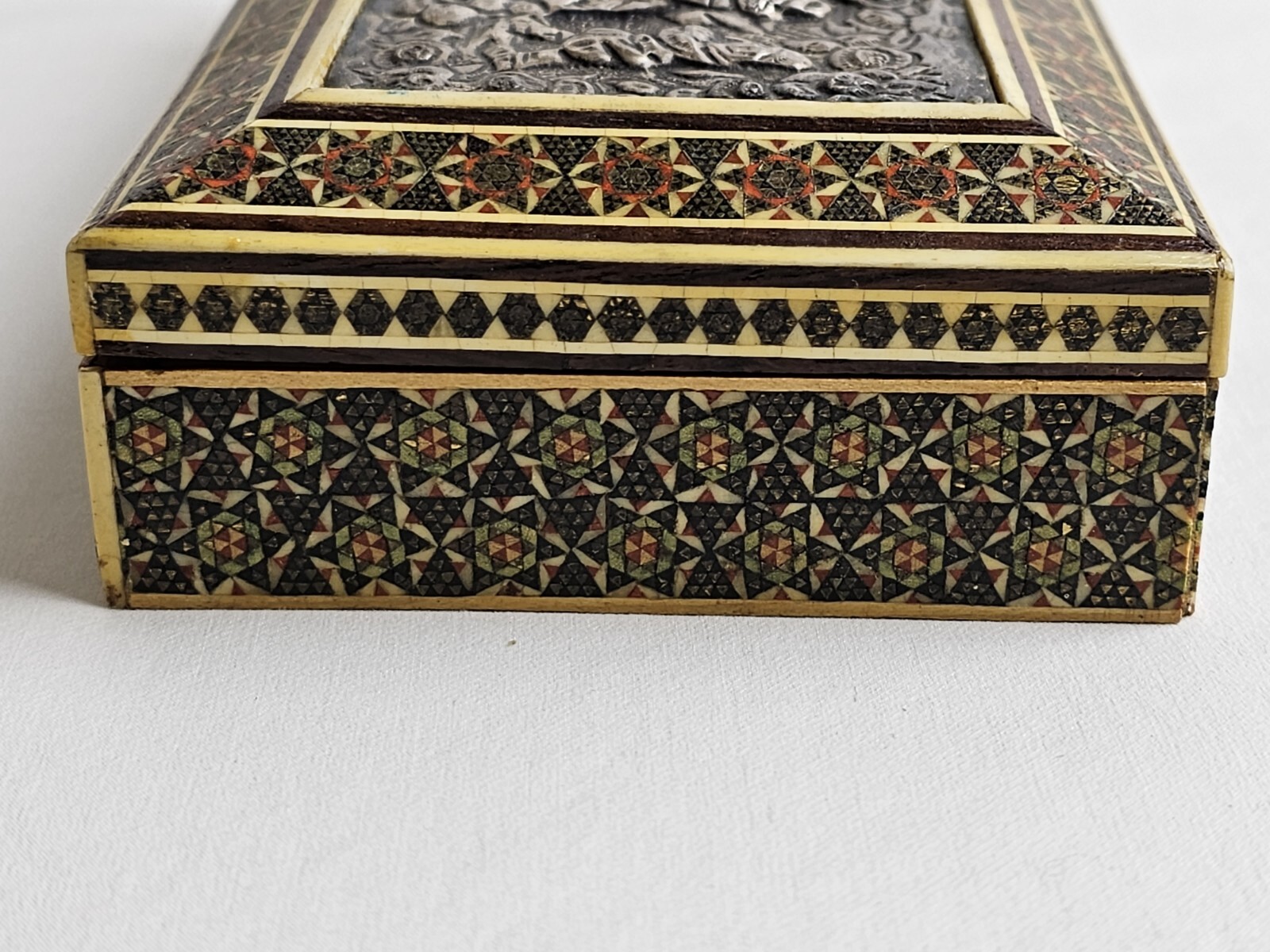 Vintage East Indian Parsi Sadeli Mosaic Wood Box with Silver Repousse ...
