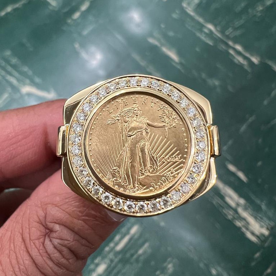 10K Yellow Gold American Liberty Coin Genuine Diamond Ring 0.61 Ct, 15. ...