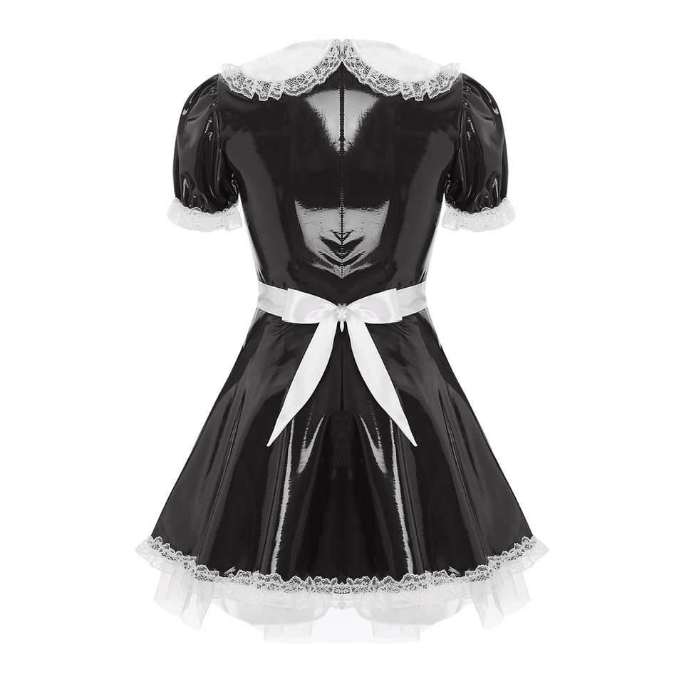 UK Lady Sexy Maid Uniform Costume Wet Look Lace PVC Leather Cosplay ...