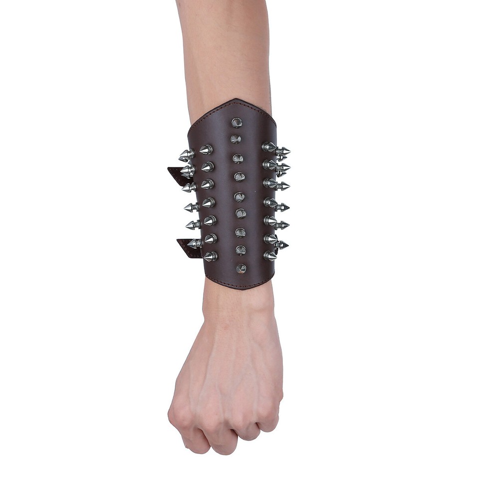 Unisex Faux Leather Gauntlet Wristband Bracer Metal Spike Studded Arm ...