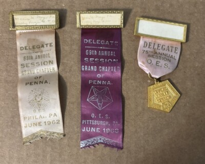 3 Order of Eastern Star Ribbons Badges Masonic Memorabilia - 1962 1963 ...
