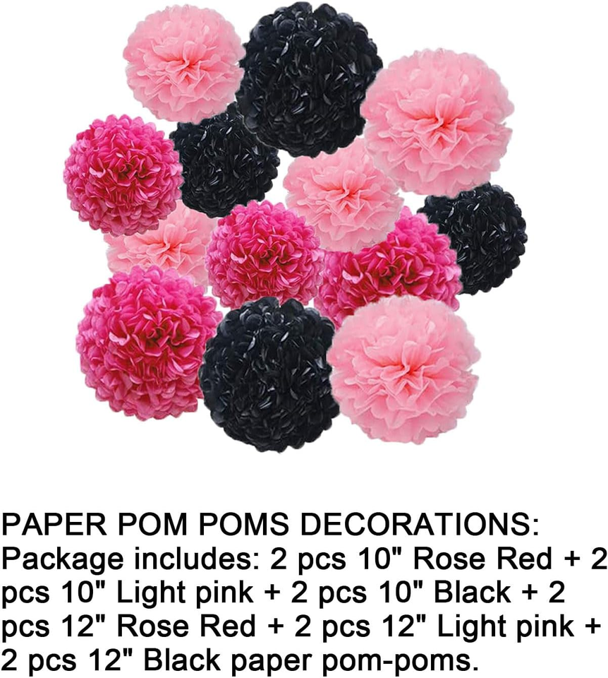 12Pcs Rose Red,Light Pink and Black Paper Pom Poms Decorations for ...