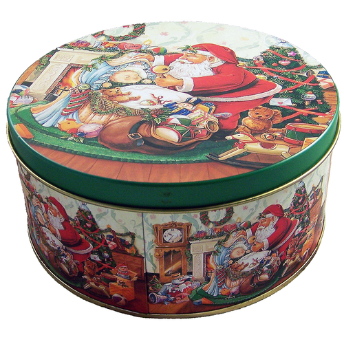 Tin Holiday Santa Claus & Baby Round Empty Metal Can Box Container | eBay