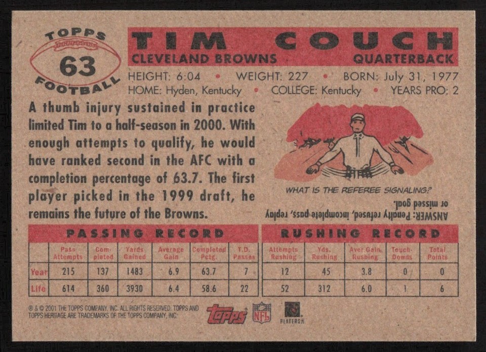 2001 Topps Heritage Tim Couch #63 Cleveland Browns | eBay