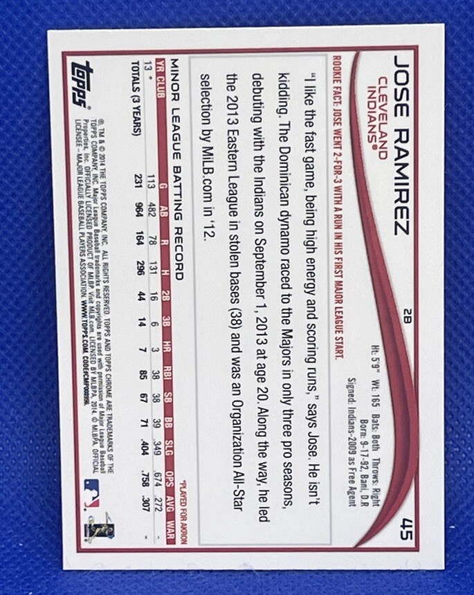 2014 Topps Chrome Baseball #45 Jose Ramirez Rookie Card RC Cleveland ...