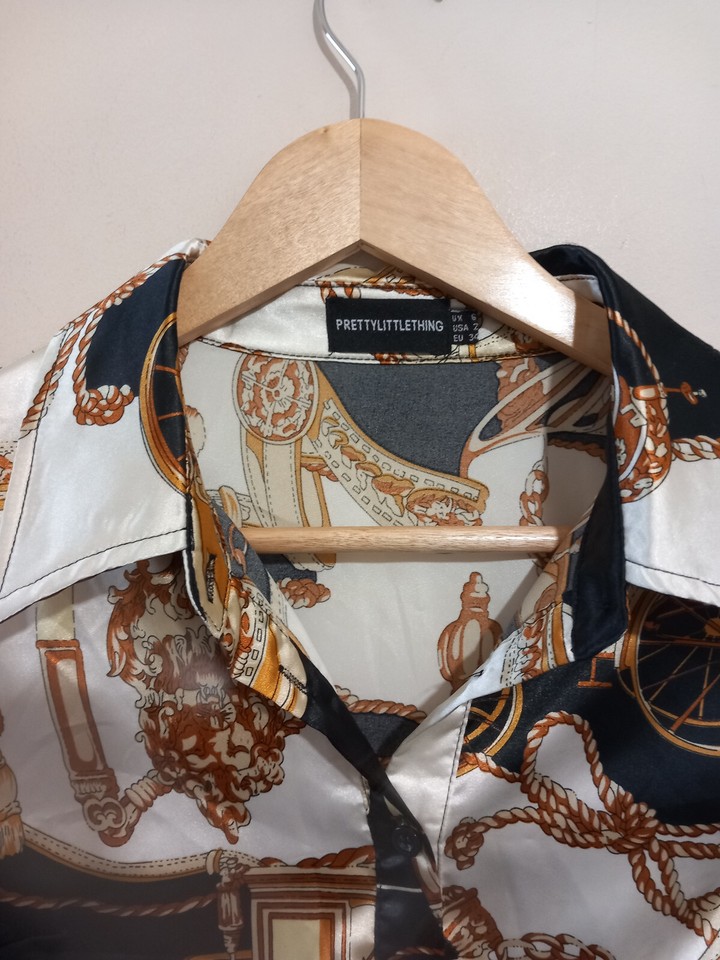 PRETTY LITTLE THING silk shirt uk size 6 with ornate classical design ...