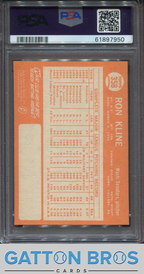 1964 Topps Ron Kline #358 PSA 7 NM | eBay