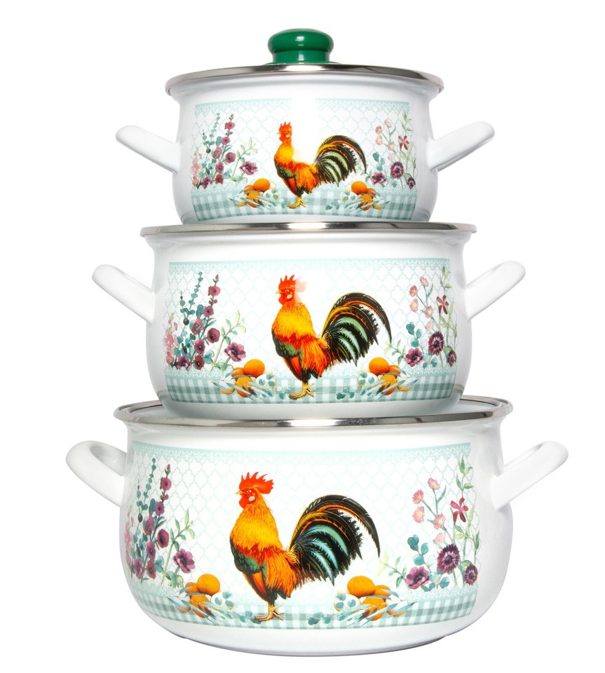 3 pc ROOSTER Enamel Stockpot Set (2qt 4qt 6.5qt Cooking Pots) Enameled ...
