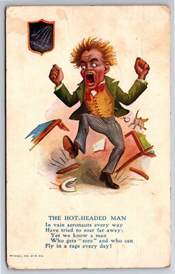Postcard Hot-Headed Man R. Hill Smashing Furniture Scurrying Cat ...