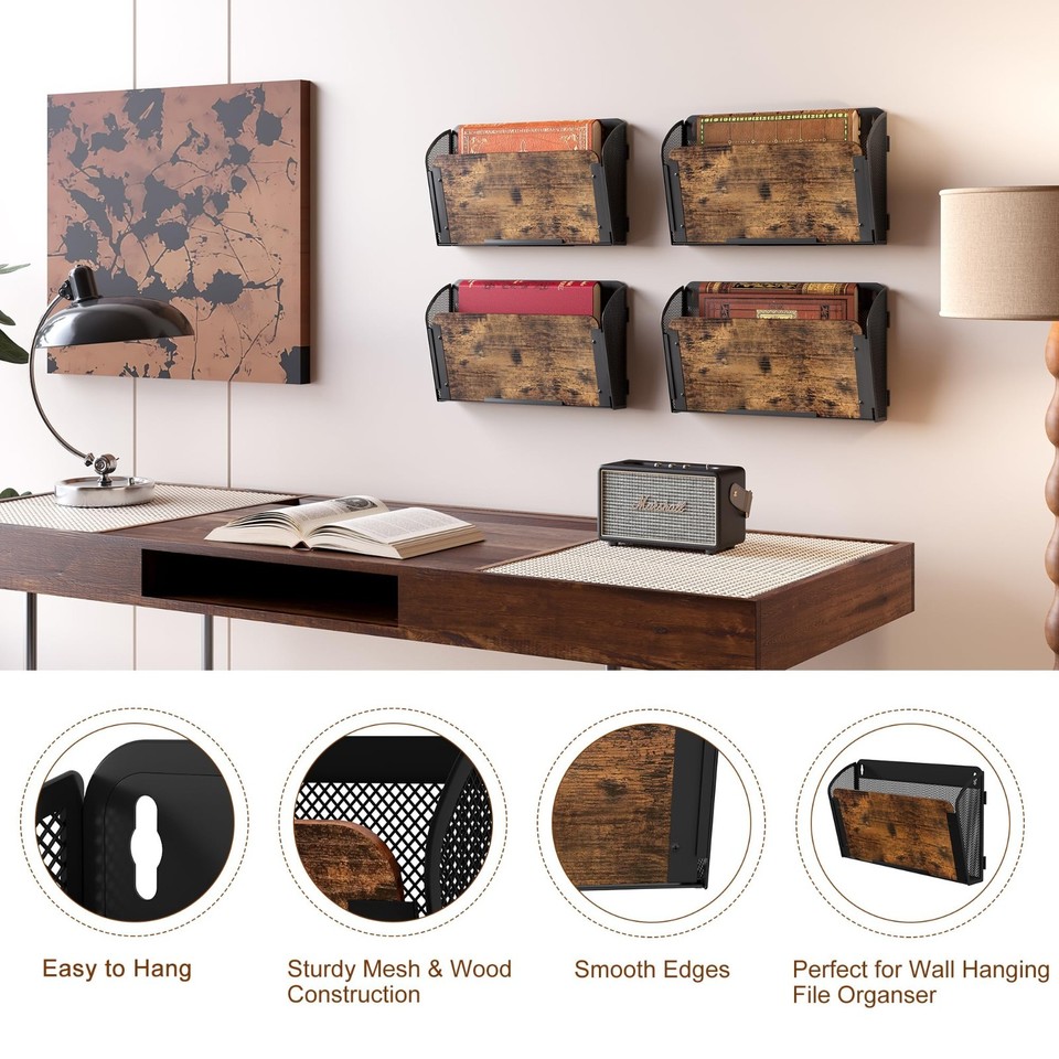 4-Pocket Wood Desk Tidy Organiser Wall Mounted - Black/Antique 4 Pocket ...